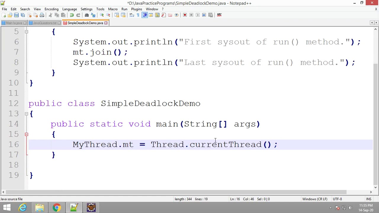 5 mins || Simple Deadlock Program in Java by using Multithreading