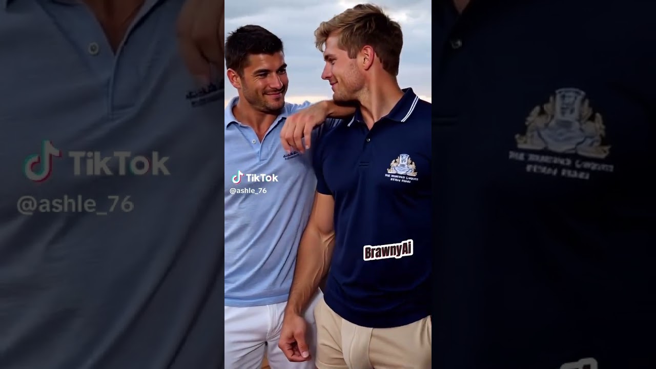 BrawnyAi:  Two Cute Bearded Men in Summer Clothes, one in noticeable Shorts, look like about to Kiss