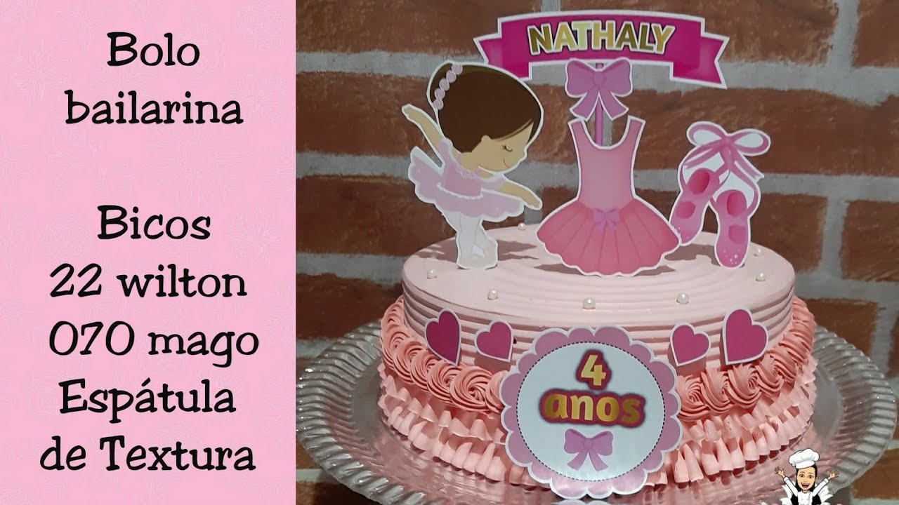 Bolo bailarina | Feminino | Chantilly rosa | Topper | Redondo | Bico 070 e 22 | Espátula de textura.