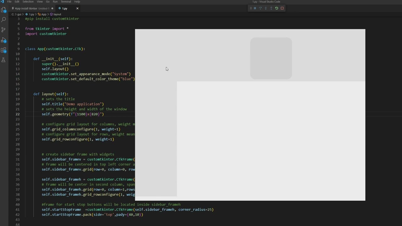 Python modern GUI desktop application project with Customtkinter - Creating frame layout