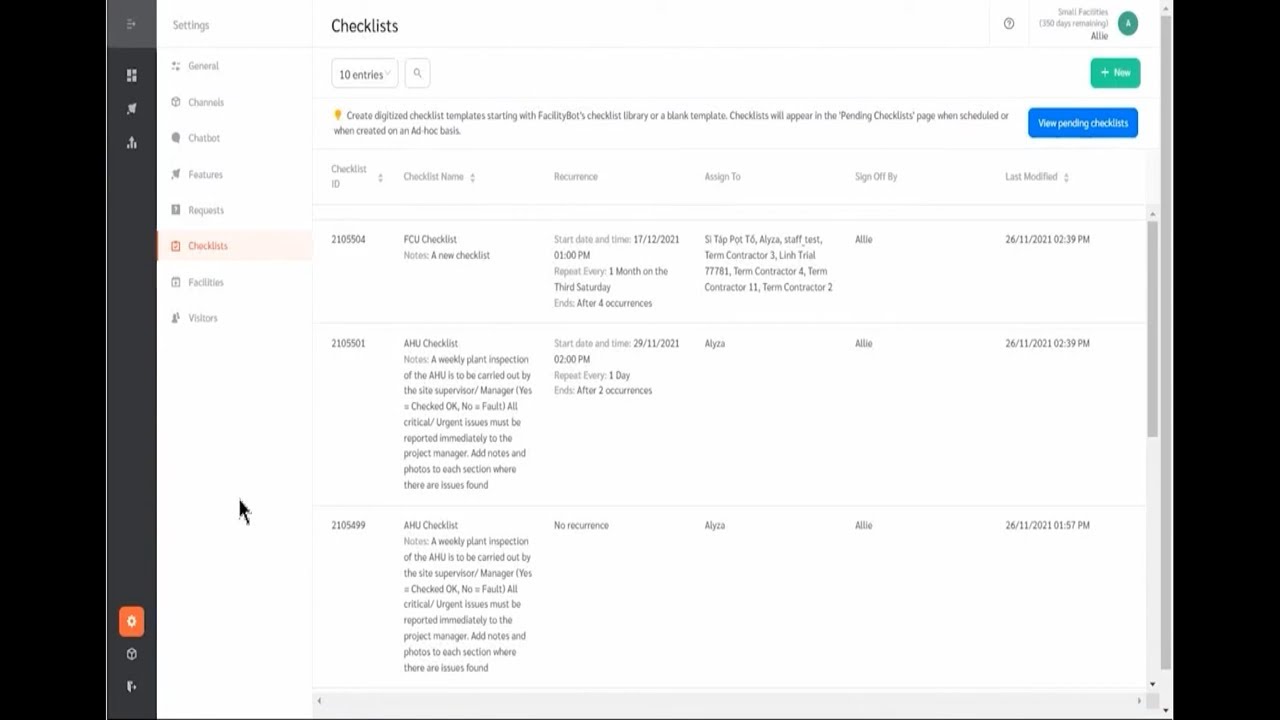 Creating a checklist Using Automated Checklist Generator in FacilityBot