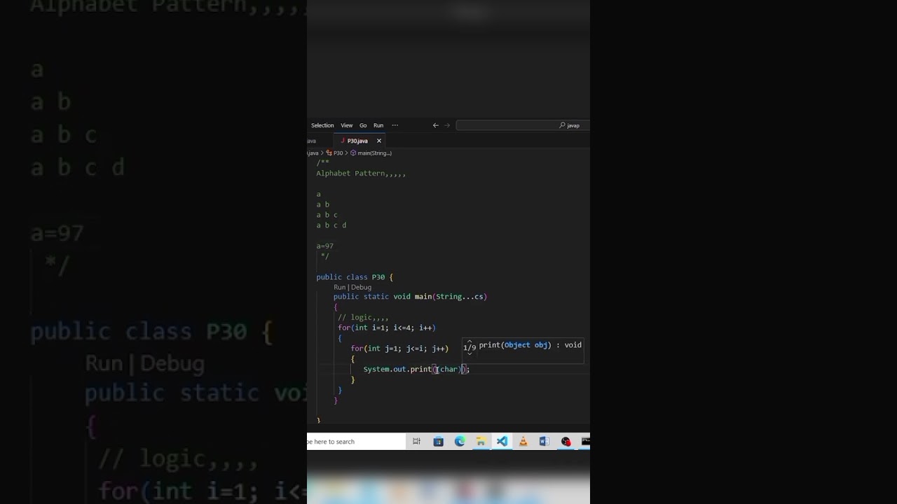 Print  Alphabet  Pattern 2 Program in java l #alphabetpattern #trending #shorts #java #programming