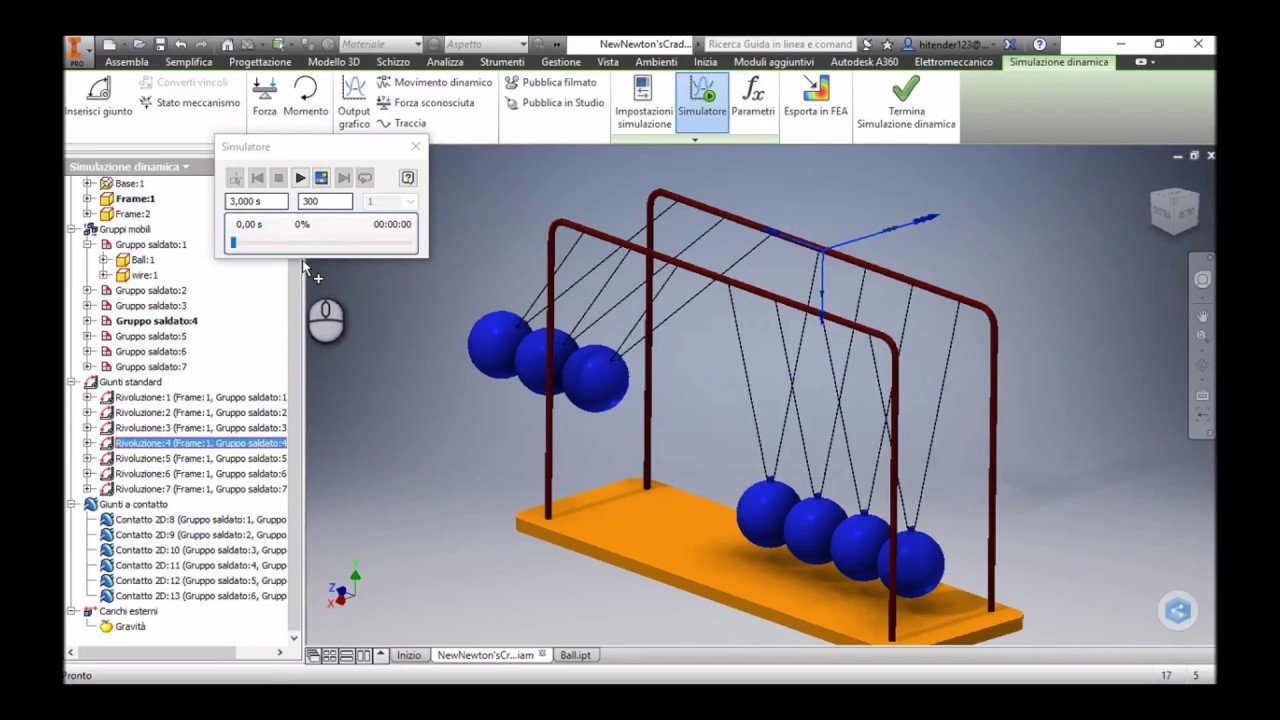 Autodesk Inventor 2016, Dynamic Simulation of Newton's Cradle problem solving