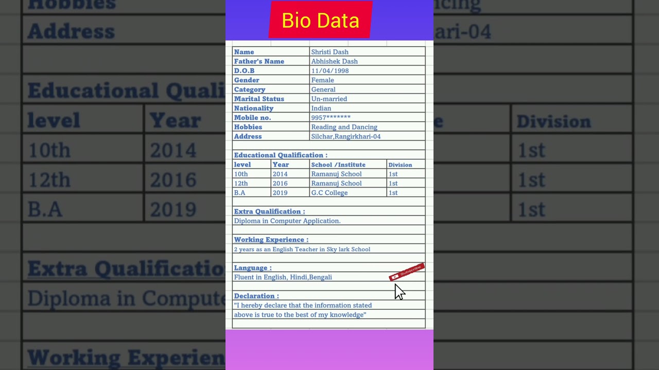 How to Make Bio Data|CV writing|CV Format|in english|Curriculum Vitae #shorts #cvwriting #viral🔥🔥
