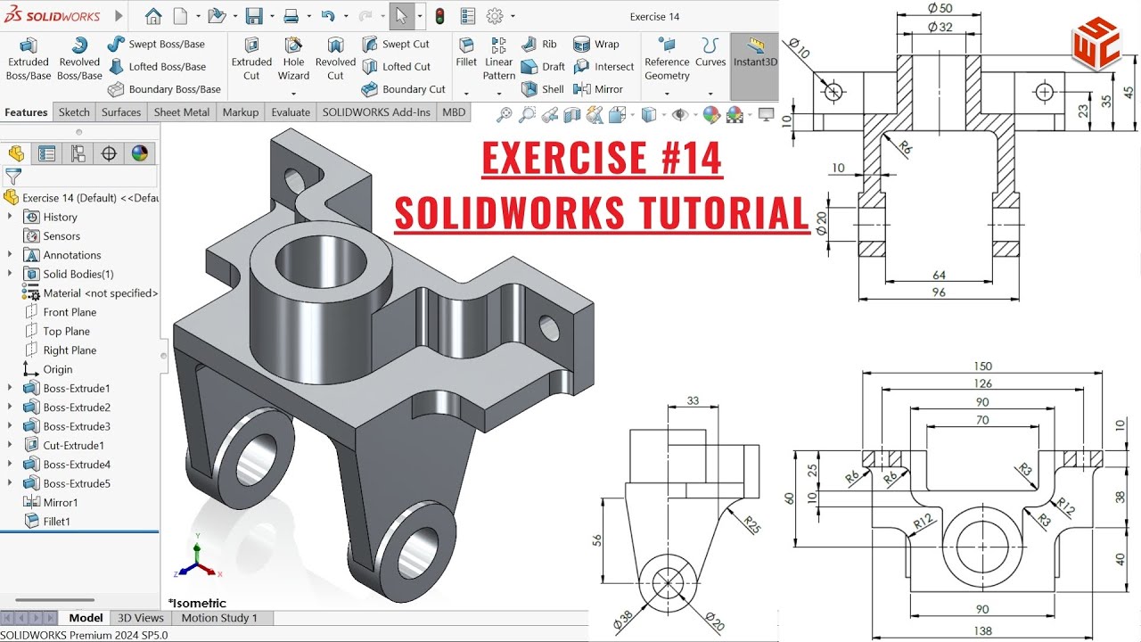 SolidWorks 3D Modeling Tutorial – Exercise 14 | Step-by-Step Guide