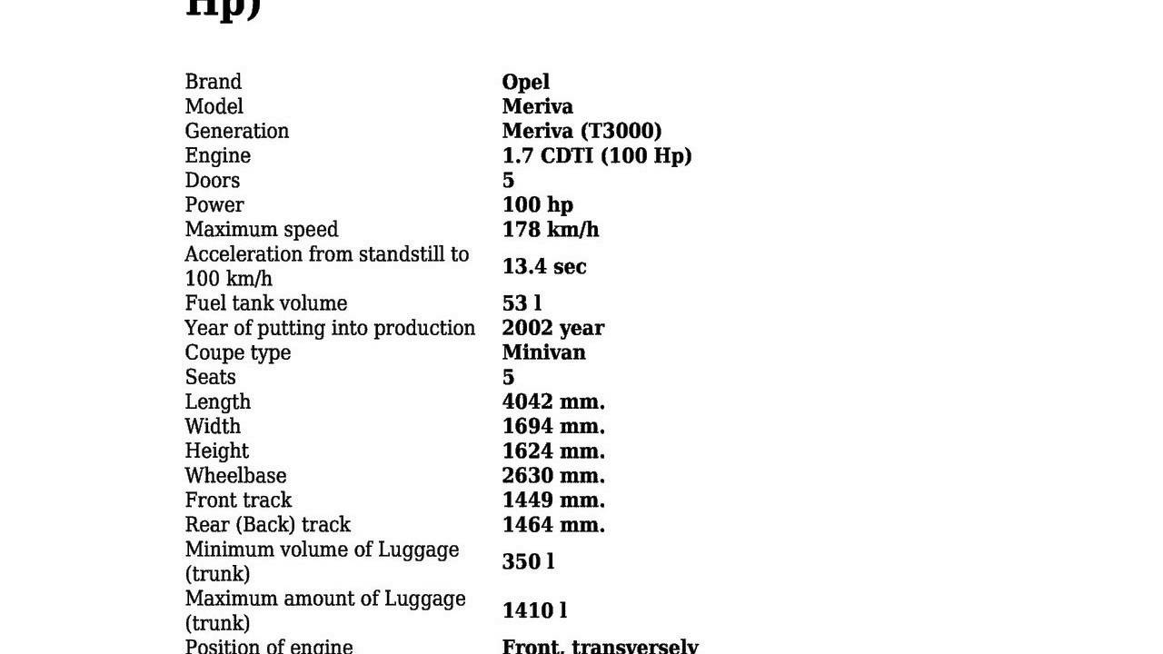 Opel - Meriva (T3000) - 1.7 CDTI (100 Hp) - Technical specifications