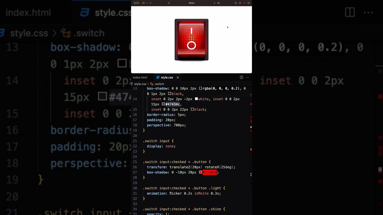 3D Power Switch Using HTML & CSS 🔘💡#coding #webdevelopment #programming #animation #shorts