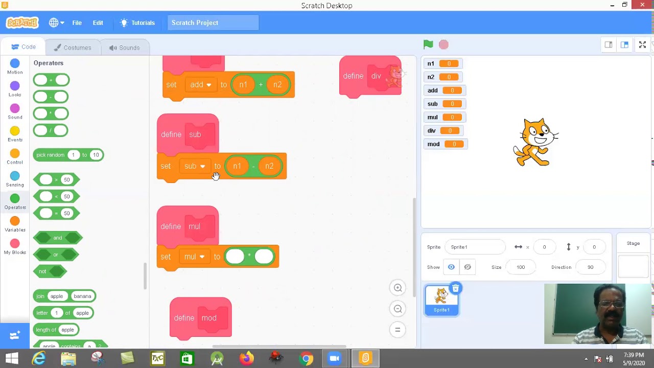 Scratch Programming( Arithmetic operations using functions)
