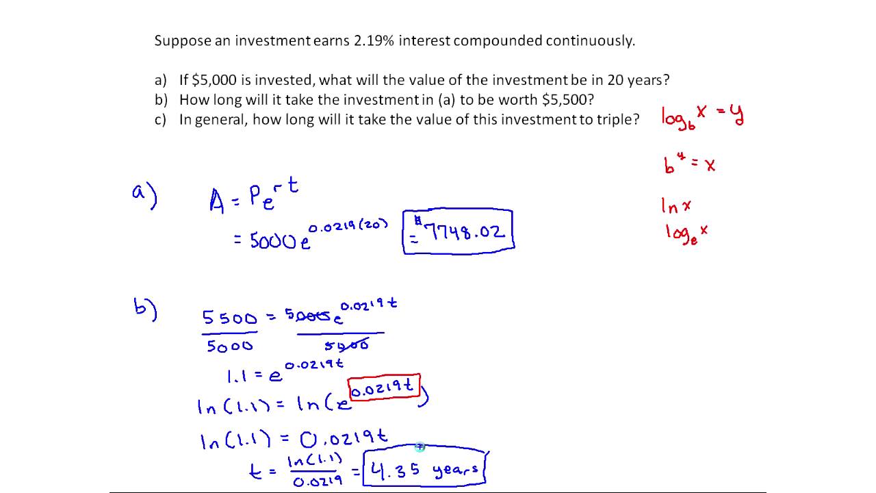 Continuously Compounding Interest Example (MTH 145 Section 4-1)