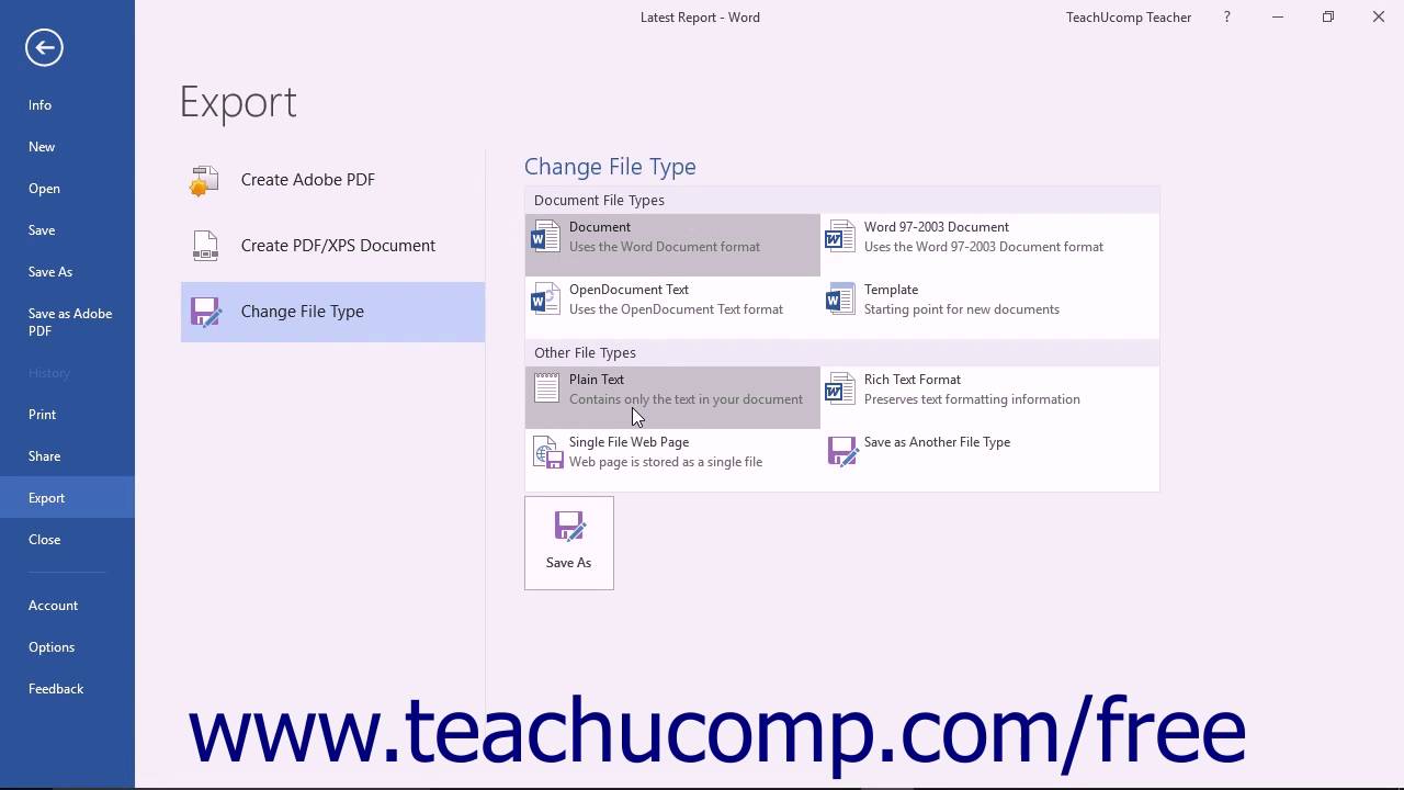 Word 2016 Tutorial Saving as a Different File Type Microsoft Training