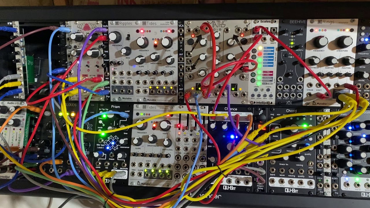 Mutable Instruments Rings into 6 Delay and Reverb Modules