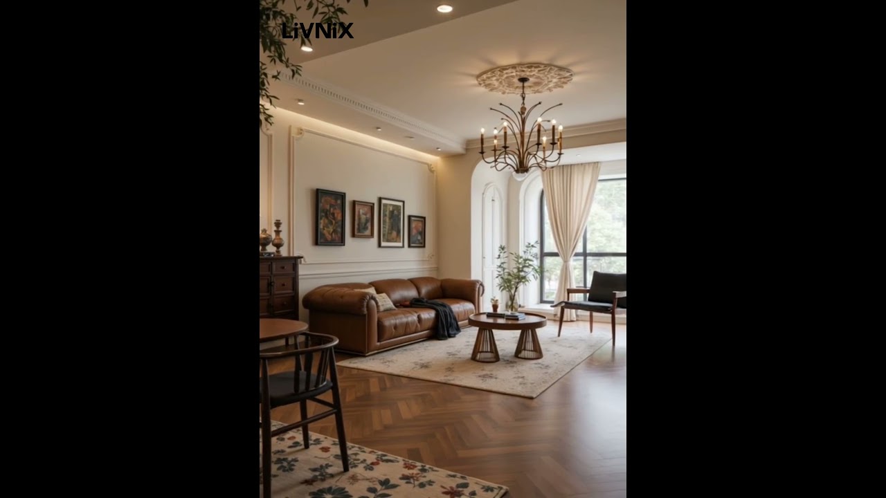 Brown Leather Sofa & Grand Chandelier: A Stylish Home Space