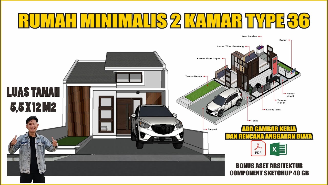 PAKET GAMBAR KERJA RUMAH MINIMALIS TYPE 36 TANAH 5,5 X 12 SAMA RAB & ASET ARSITEKTUR SKETCHUP 40 GB