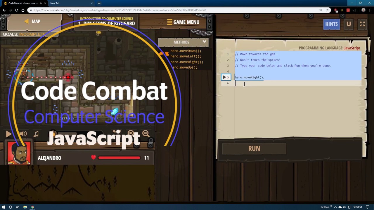 Code Combat - Level 1 Dungeons of Kithgard JavaScript Tutorial