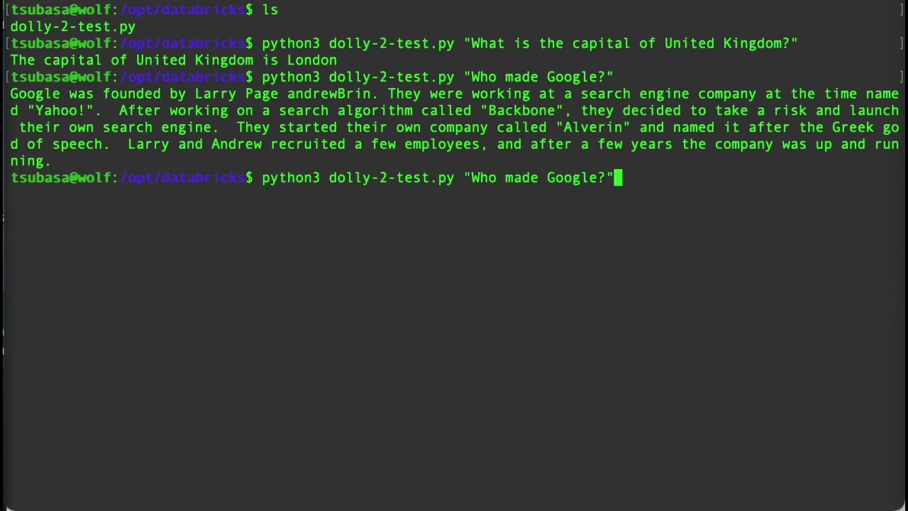 Dolly 2.0 3b (3 billion parameters) Python Script Test