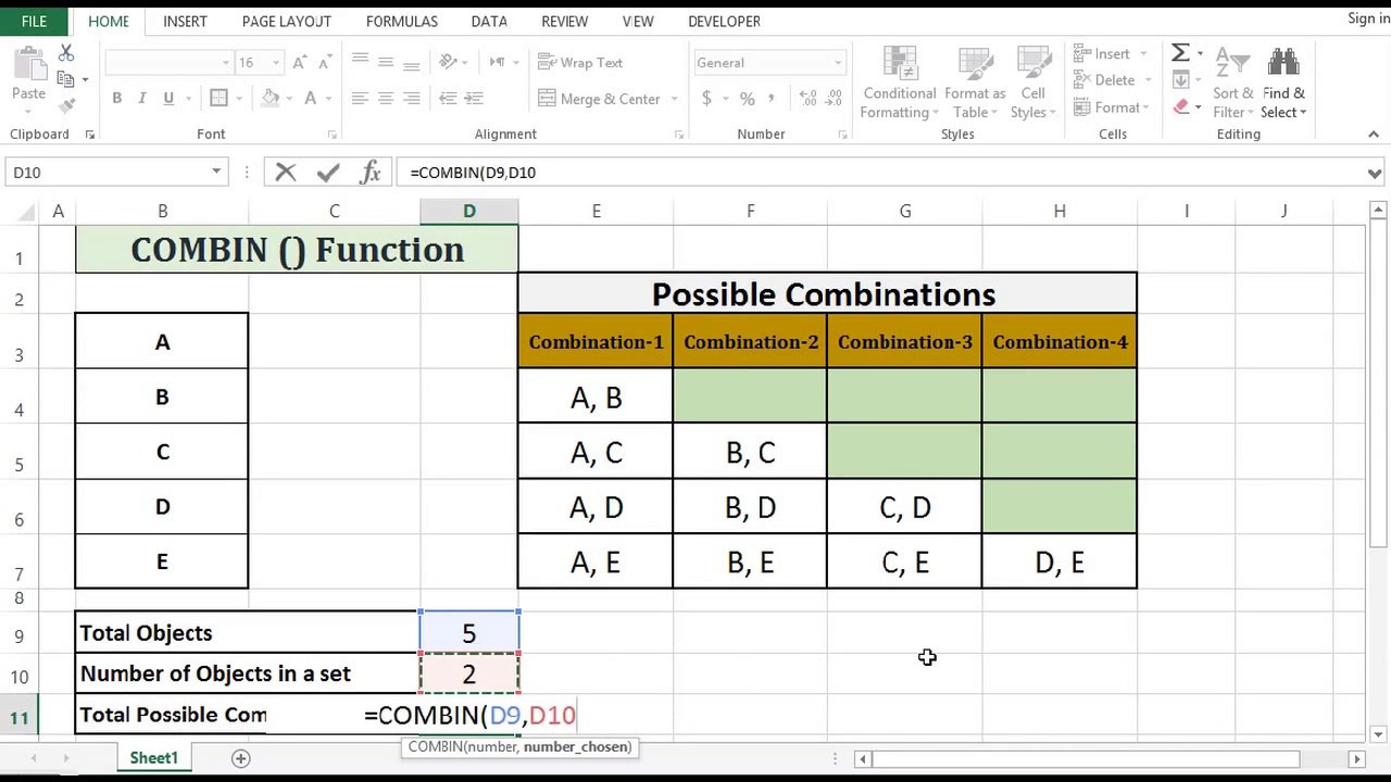 COMBIN Function in Excel 2013  - Calculate Combinations and Permutations