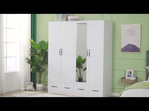 Mirror Wardrobe Closet 4 Doors White Wooden Freestanding Armoire Wardrobe Bedroom Storage(YG23)
