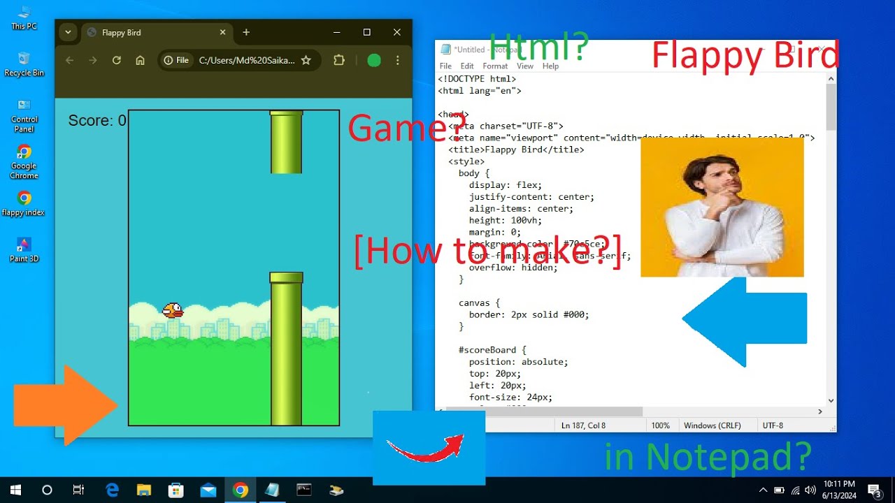 how to make Flappy Bird game in notepad using html code