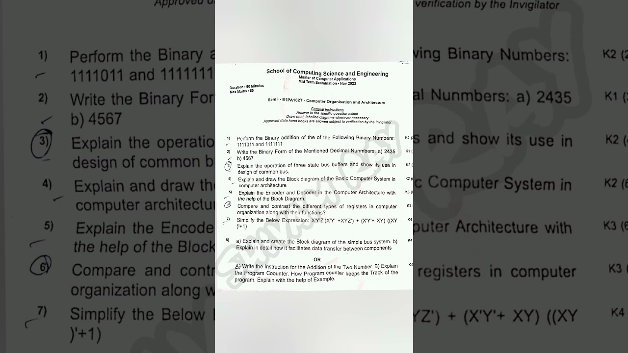 Computer Organisation and Architecture | MCA 1St Sem | Midterm exam previous Question paper | GU