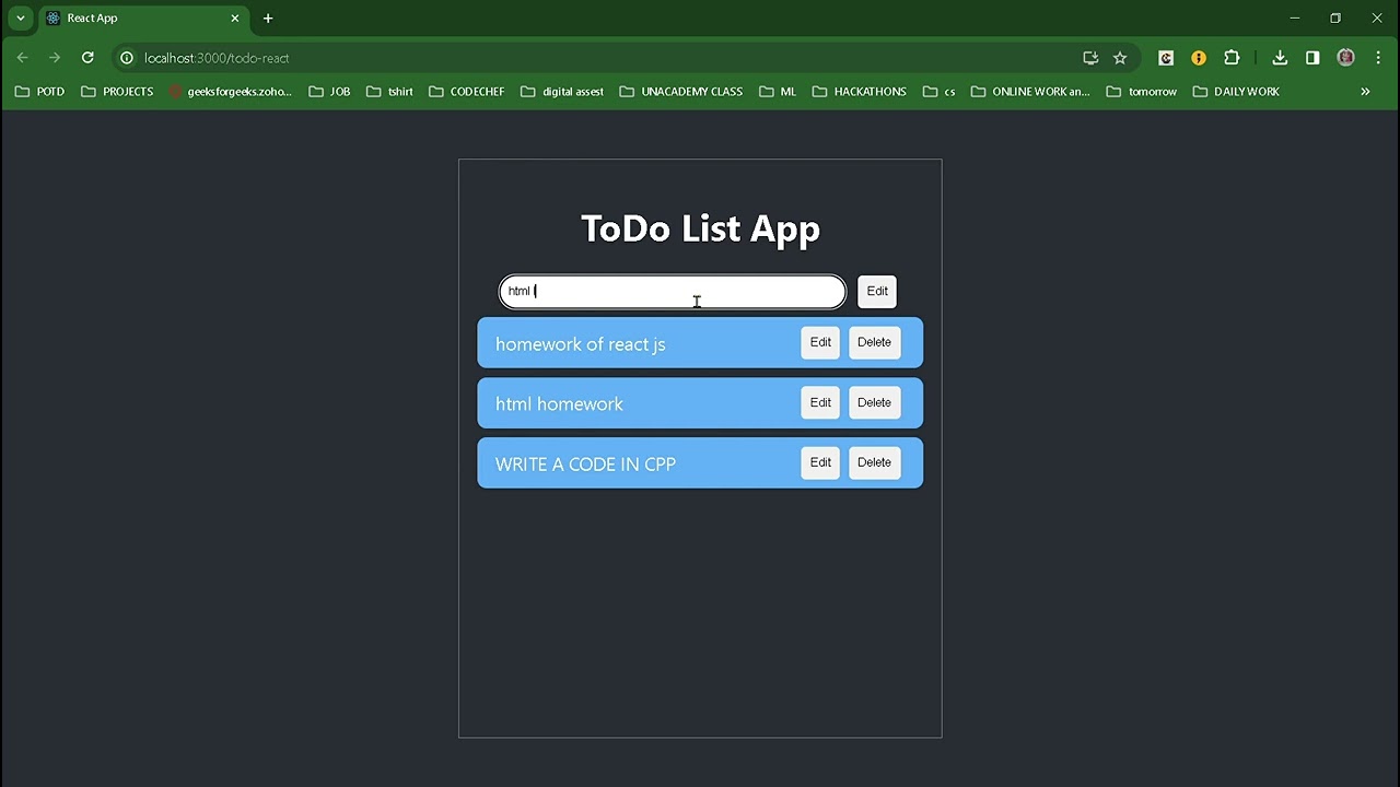 todo app in react js  : https://github.com/jayambe36/Todo-app