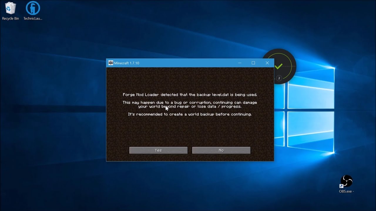 Minecraft Error FIX: Forge Mod Loader detected that the backup level.dat is being used