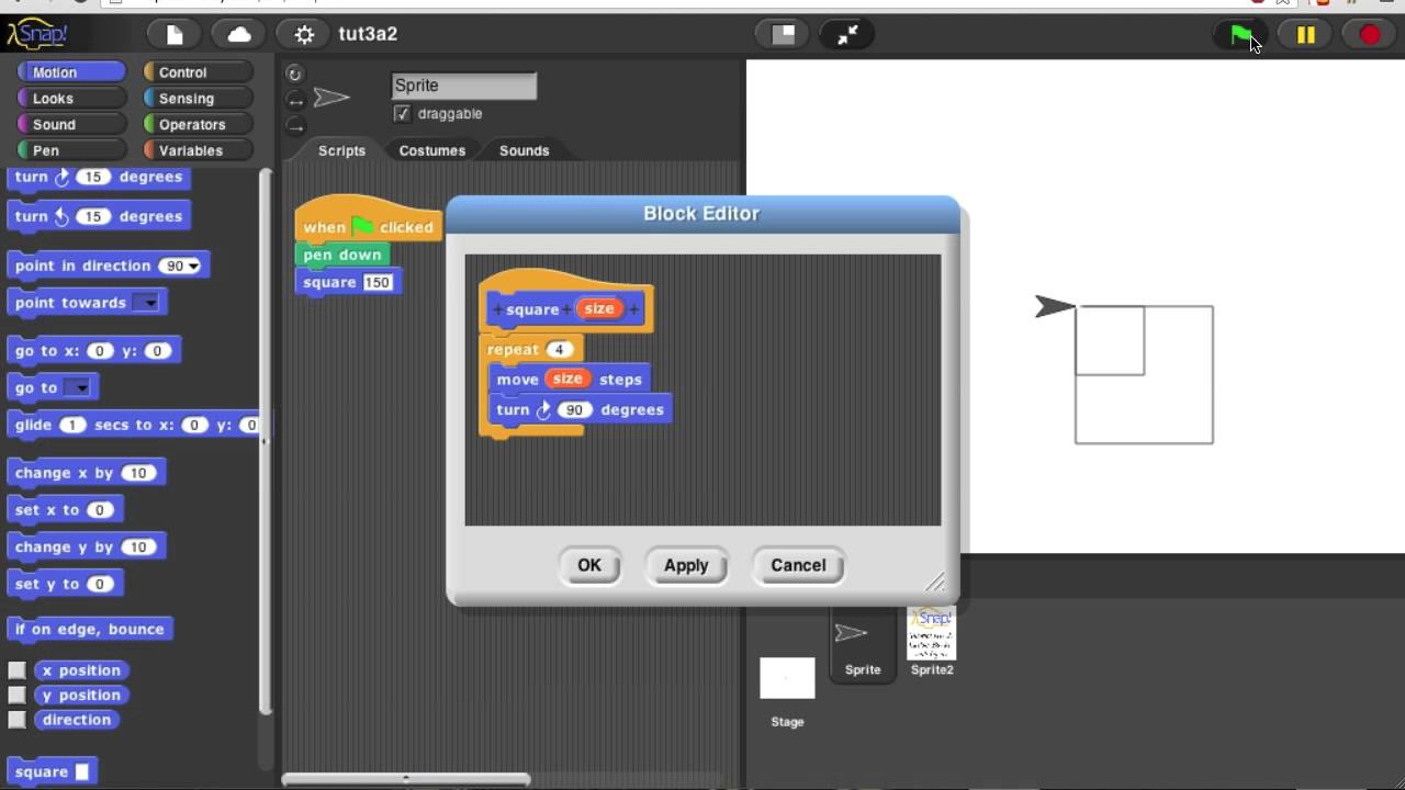 Snap! Tutorial IIIA2: Custom Blocks with Inputs