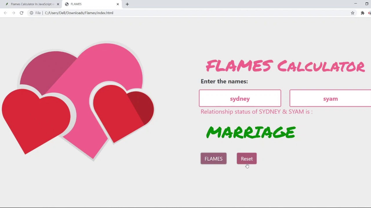 Flames Calculator In JavaScript With Source Code | Source Code & Projects