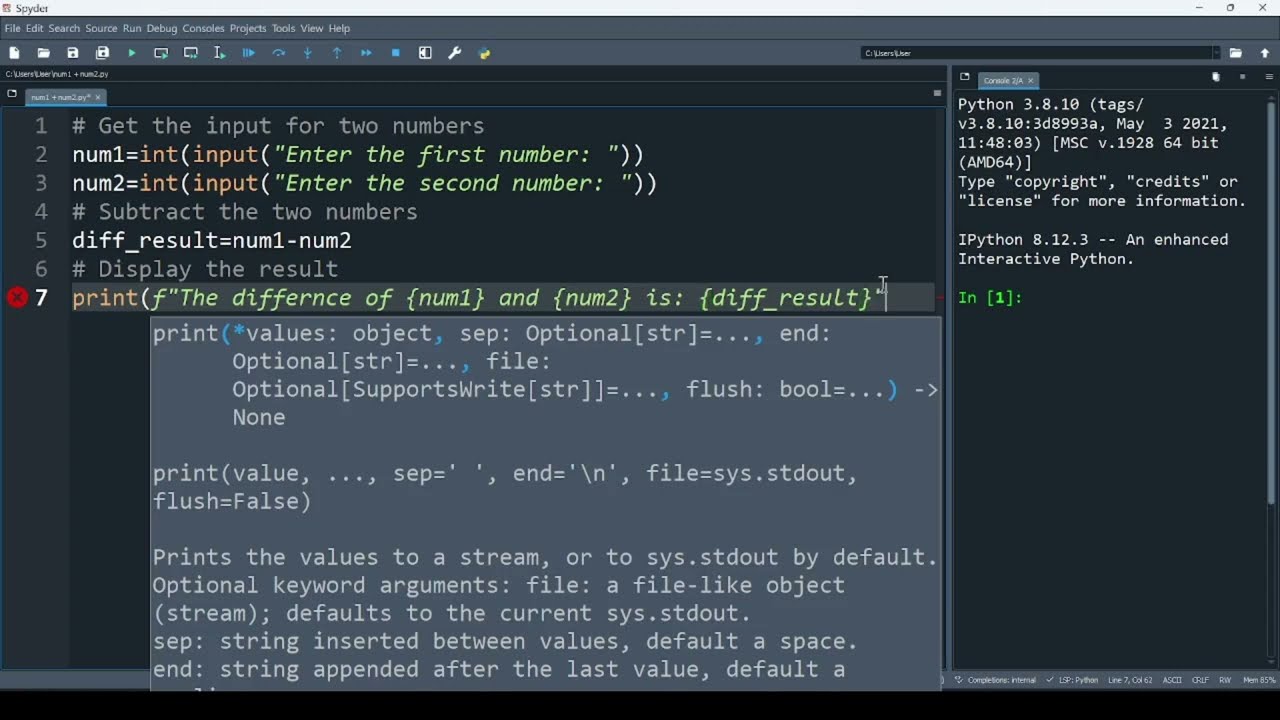 Python Program for Subtraction of Two Numbers || Difference of Two Numbers in Python || #programming