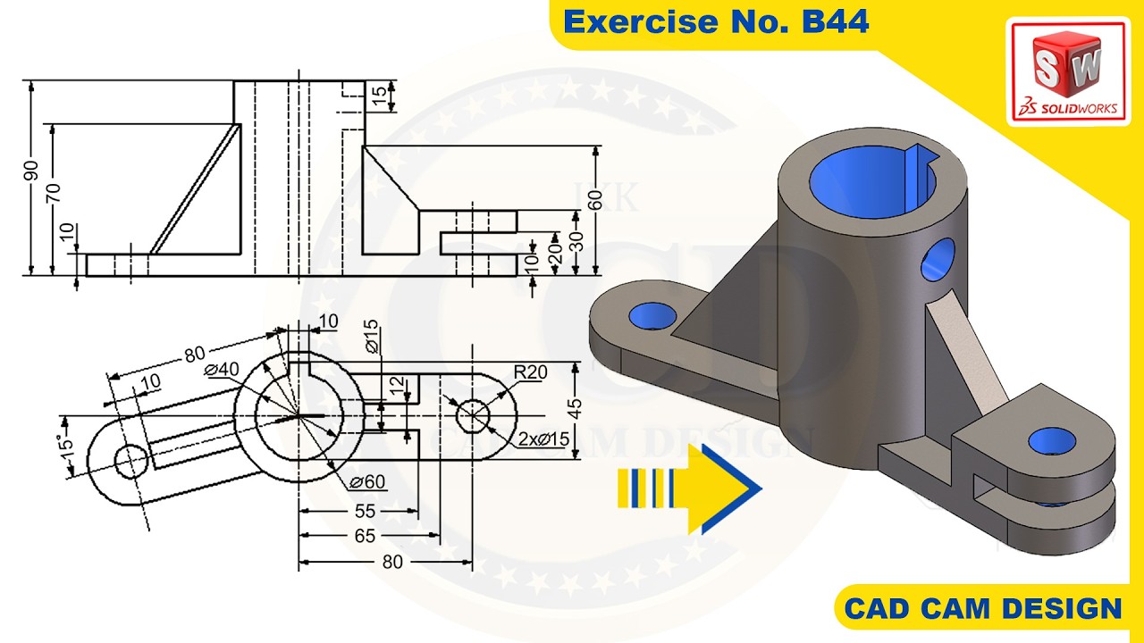 SolidWorks 2D drawing to 3D Model Tutorial  Exercise  B44