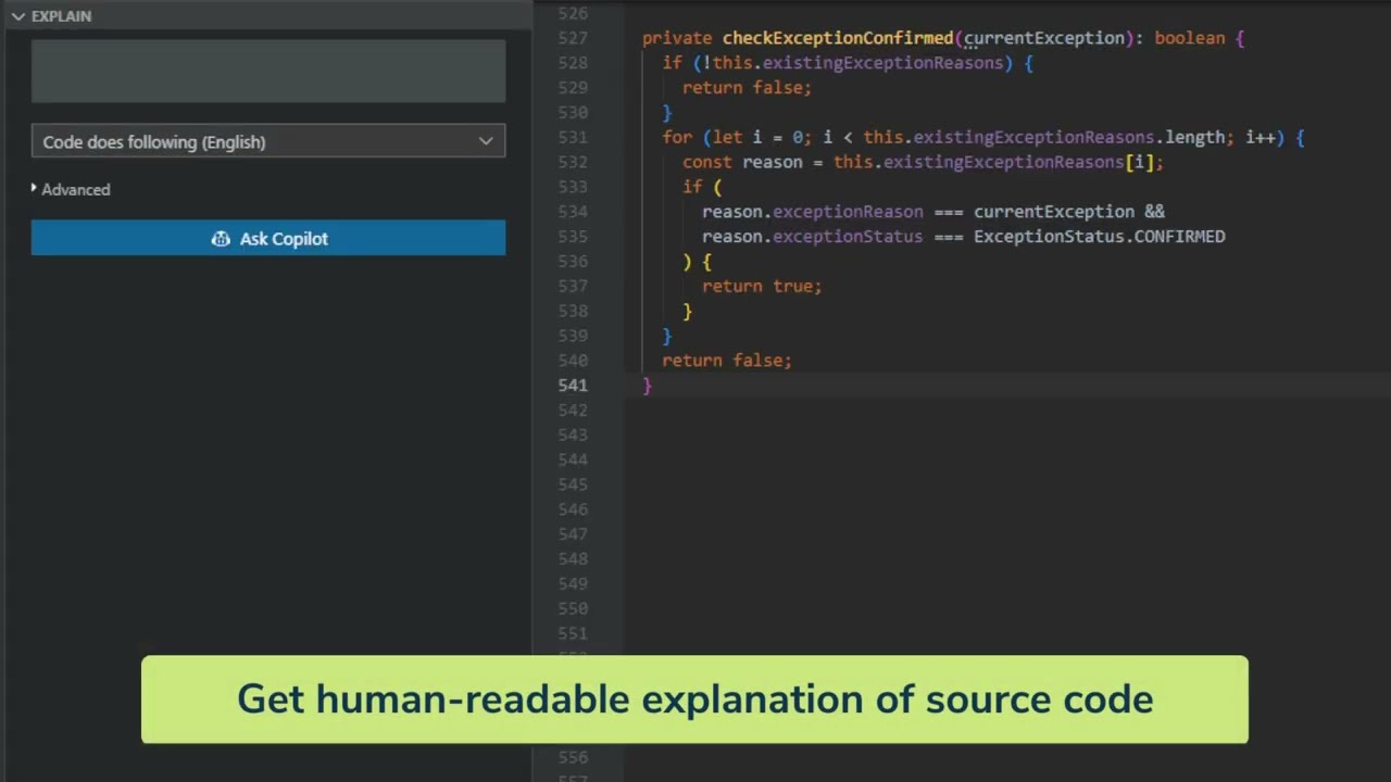 Coding with GitHub Copilot: How to get human-readable explanation of source code