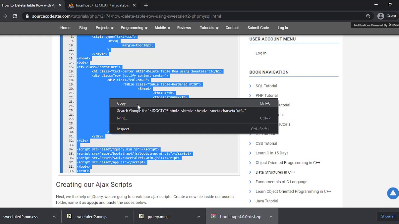 How to Delete Table Row with Ajax, Sweetalert2 and PHP/MySQLi Tutorial
