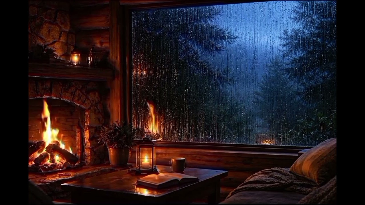 Fall Asleep to Soft Rain & Fireplace | 4K Cozy Cabin Ambience