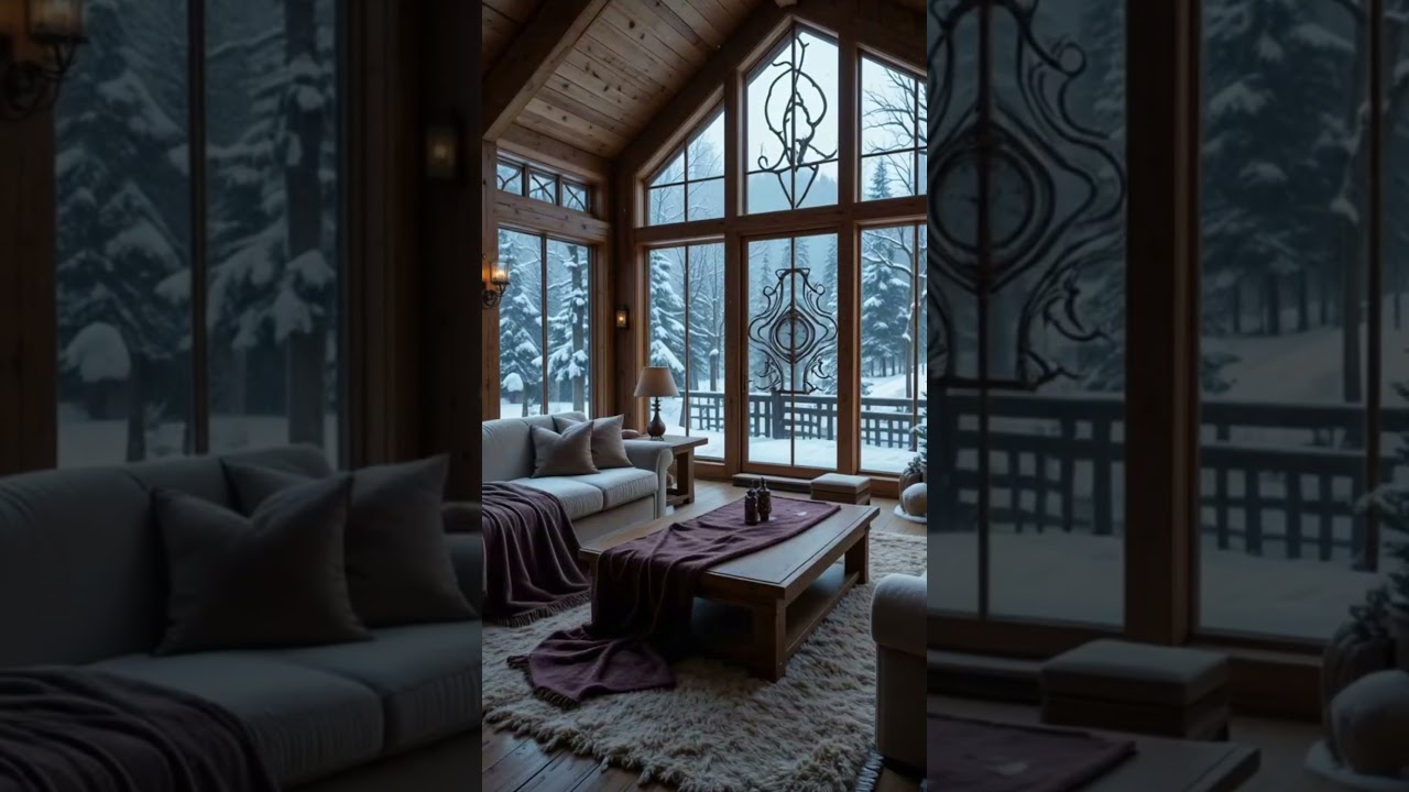 Cozy Winter Cabin ❄ Snowfall Outside 🌙 AI Fireplace Glow 🔥 Relaxing Ambience