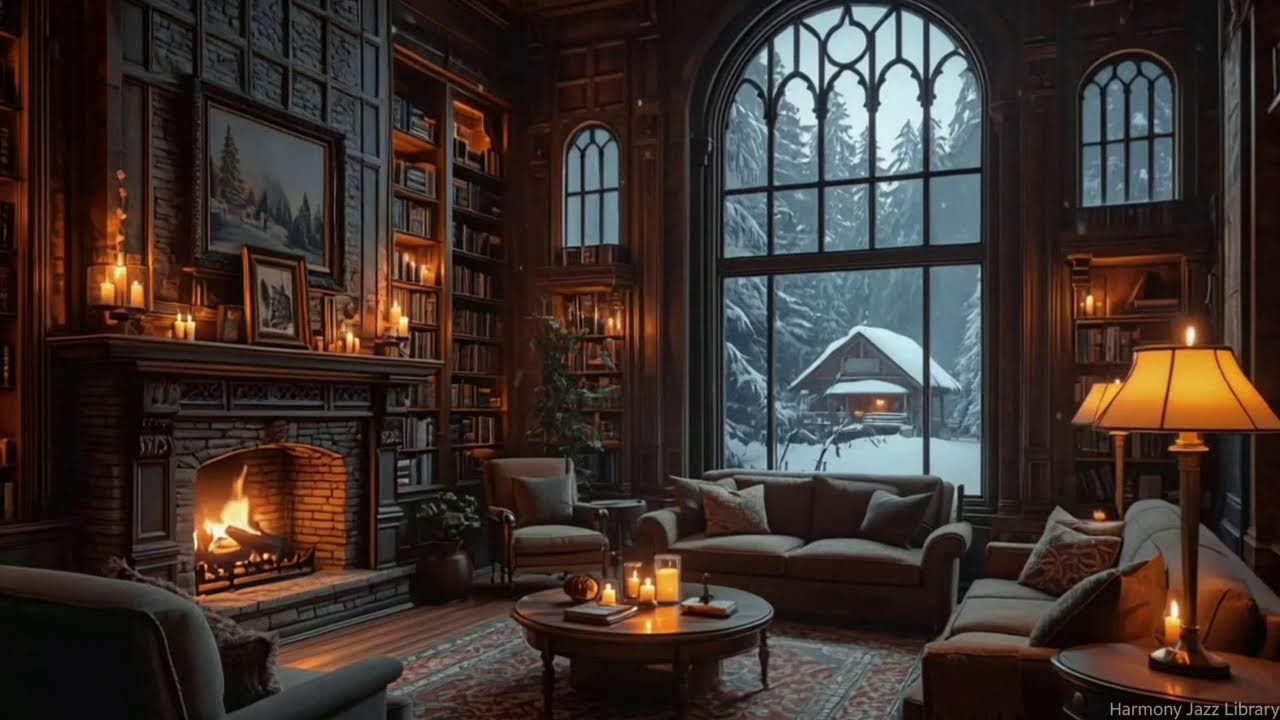 Snowfall Library Jazz with Fireplace & Towering Bookshelves | Bookish Focus and Quiet Study