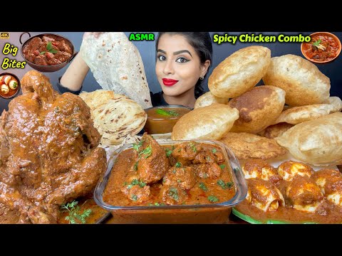 ASMR Eating Spicy Chicken Barra,Whole Handi Chicken Curry Masala,Poori Big Bites ASMR Eating Mukbang