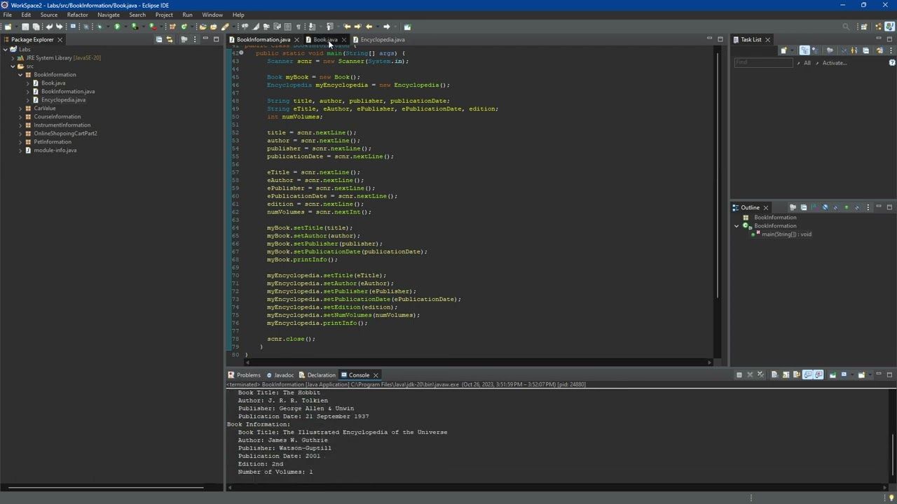 Java Lab: Book information (overriding member methods)