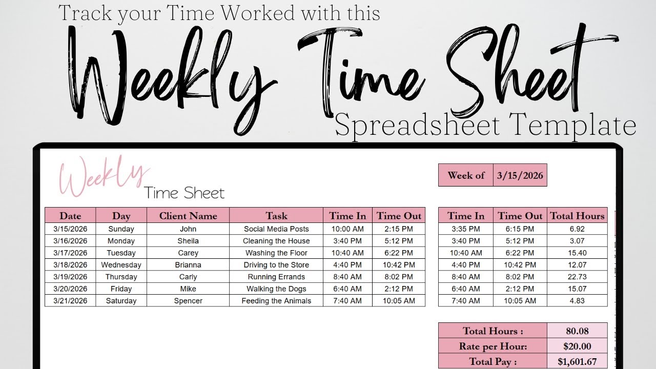 Weekly Time Sheet Template Google Sheets, Work Time Sheet, Work Hours Tracker Excel Spreadsheet