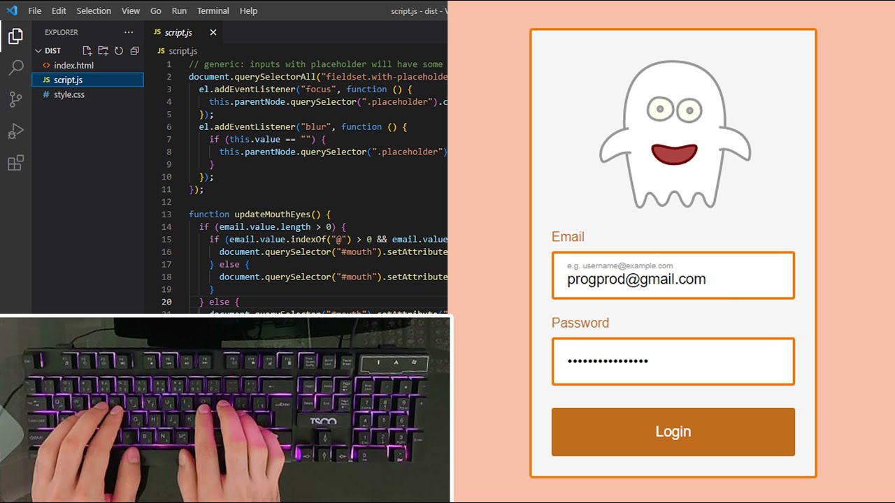 ASMR Programming - Interactive Spooky Login Form using Html CSS and Javascript - No Talking