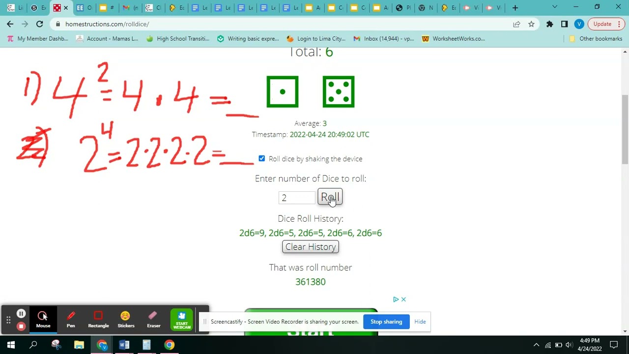 Exponent game using dice