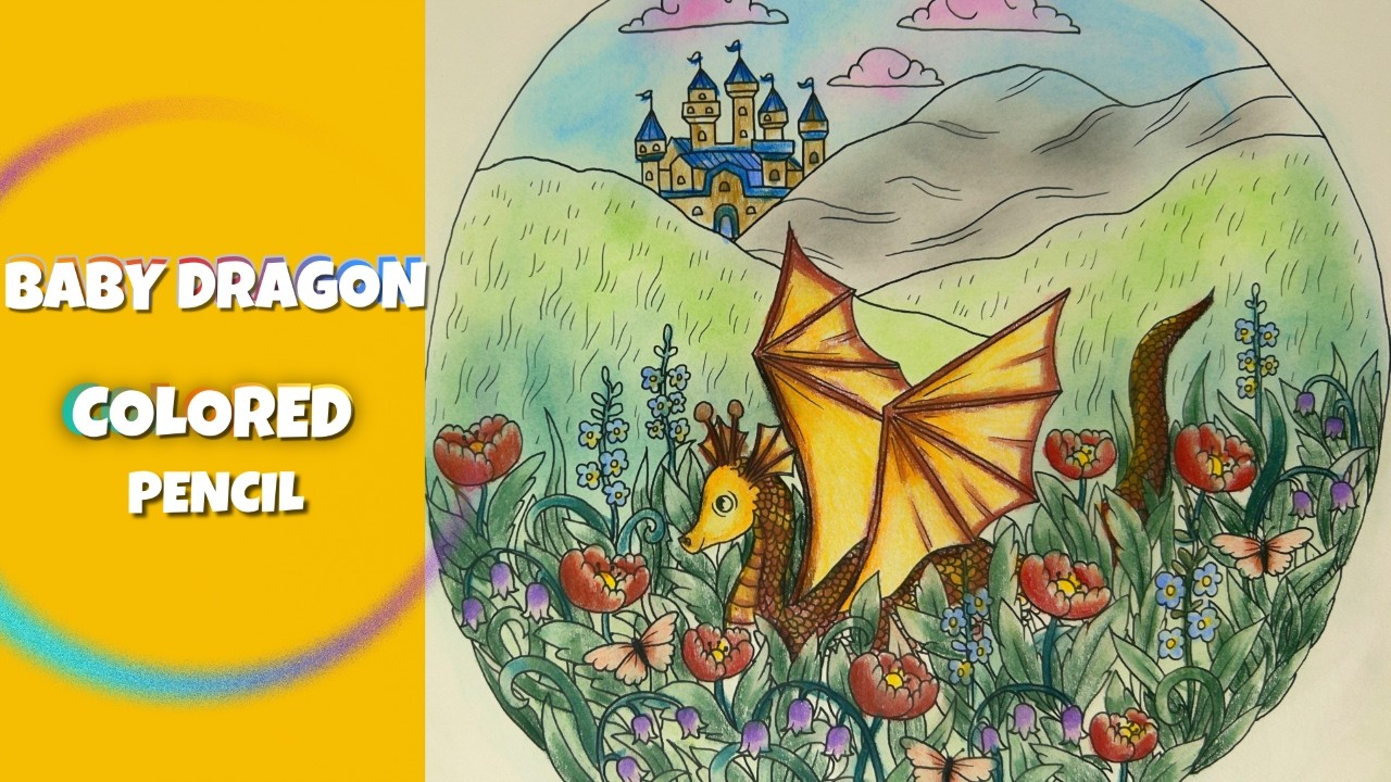 Cute Baby Dragon Coloring Page | Fantasy Castle Garden | Colored Pencil Drawing