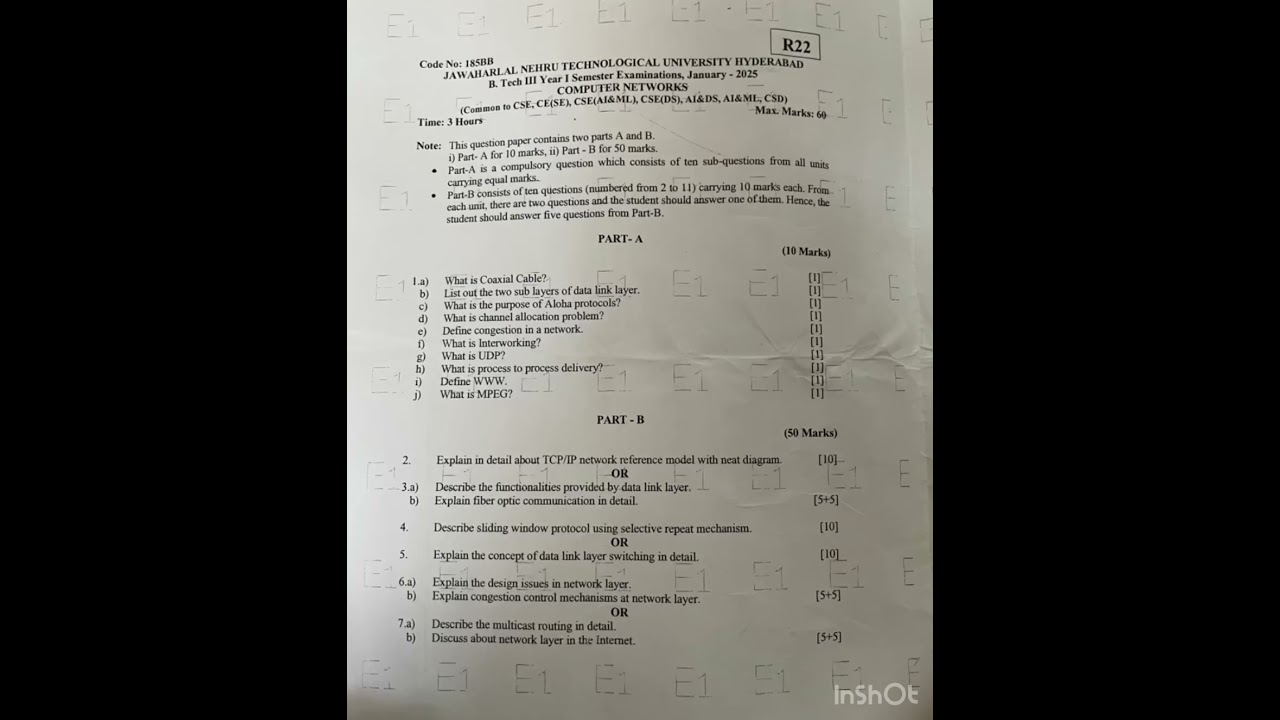 “R22 Computer Network (CN)” jntuh question paper #jntuh #question #btech #exampaper #jntuhquestion