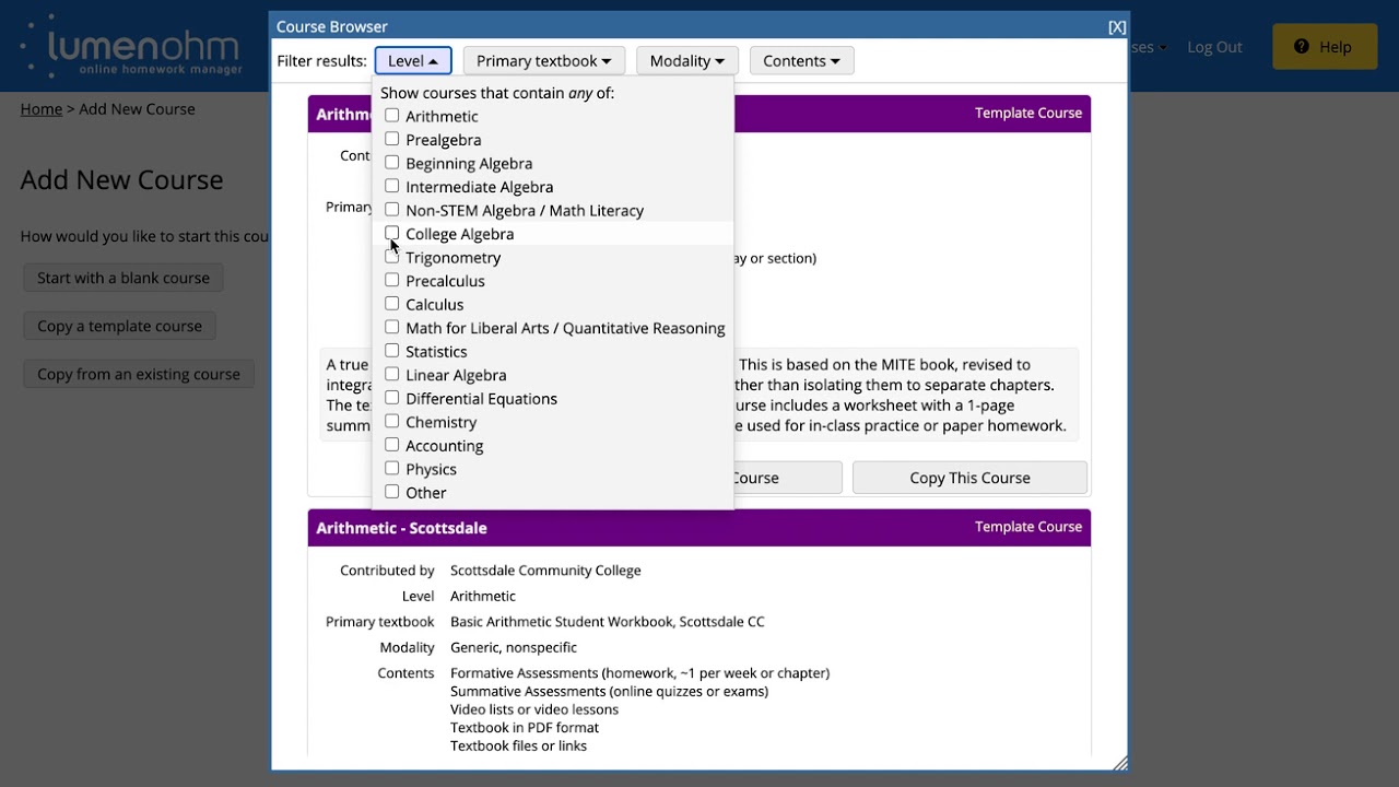Template Courses in Lumen Learning's Online Homework Manager (OHM)