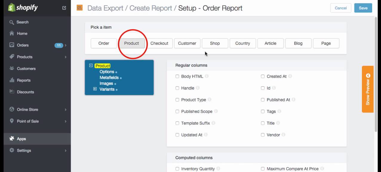 1.  Create report - Data Export