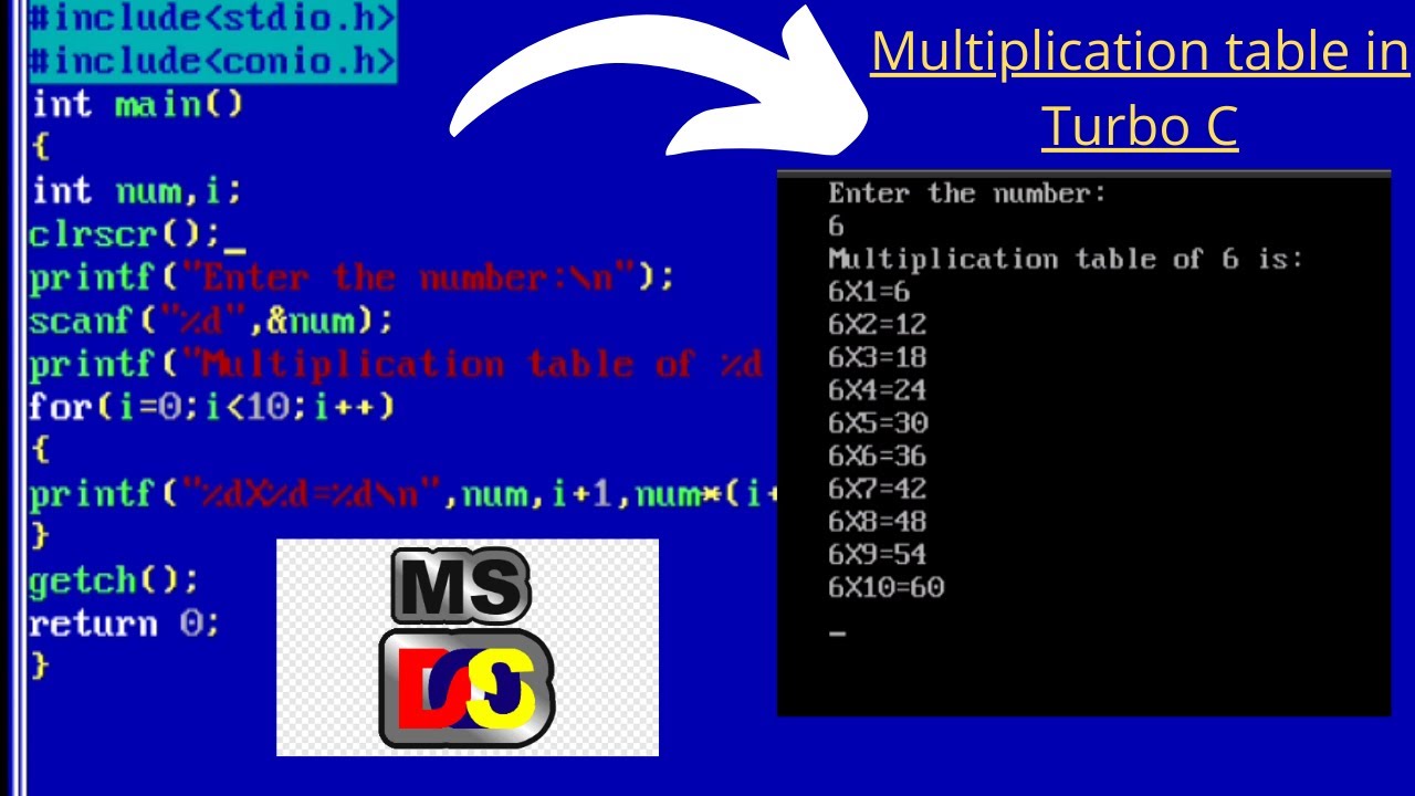 Multiplication table program in Turbo C || C Language || #programming