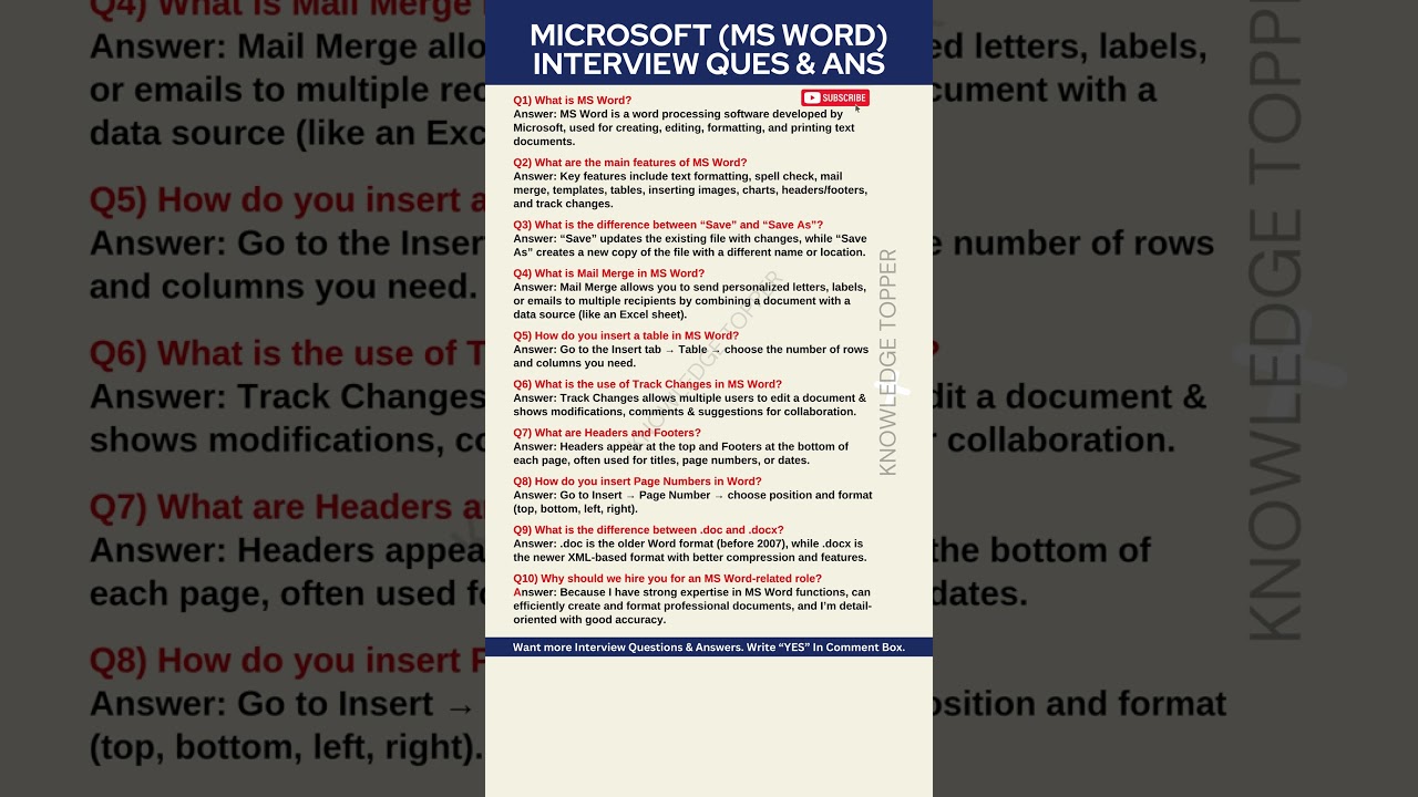 MS Word Interview Questions and Answers | Microsoft Word Interview Questions and Answers