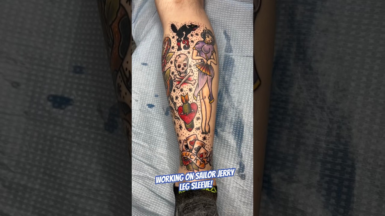 First half of this Traditional Sailor Jerry leg sleeve. #tattoo #sailorjerry #oldschool #tahitigil