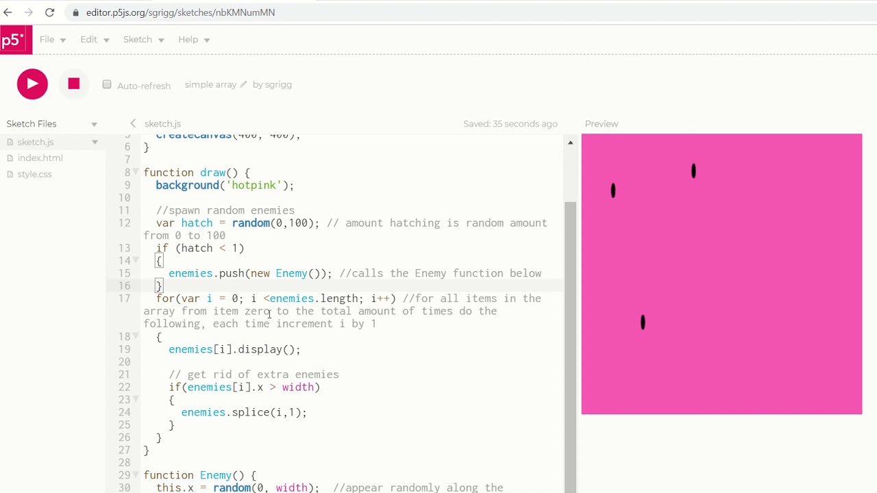 Array of objects simple version P5 JS