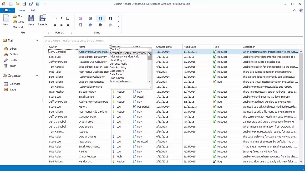 WinForms Grid: Column Filter Dropdowns