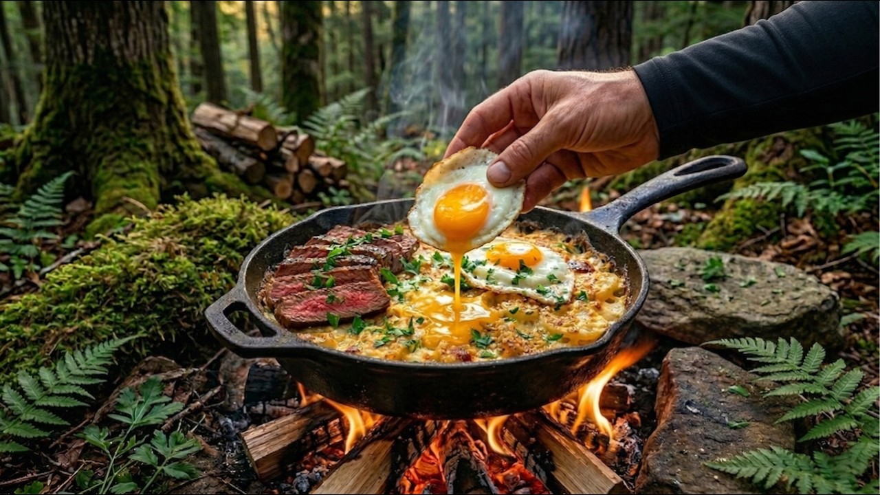 PRIMITIVE Steak, Eggs & Creamy Potatoes Cooked in The FOREST