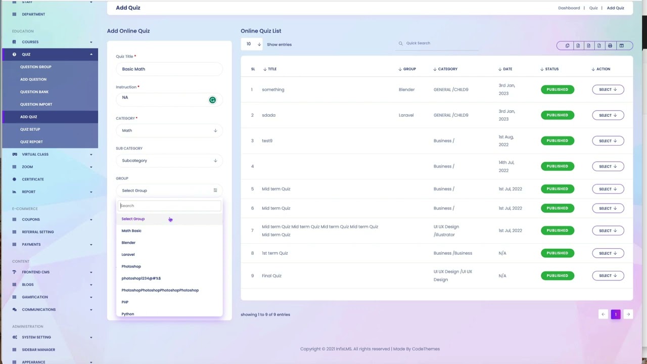 How to create a quiz in infix lms